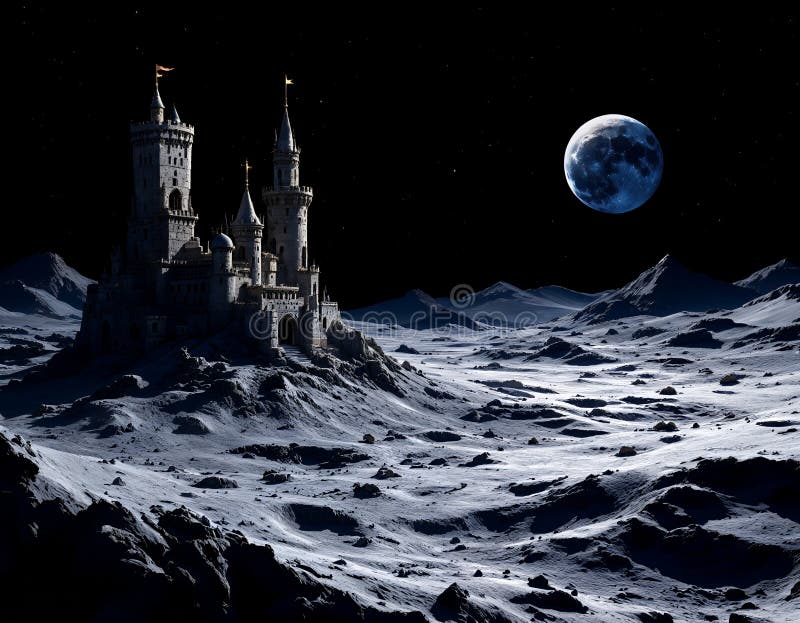 Fantasy Castle Standing on Lunar Surface with Moon in Sky Stock ...