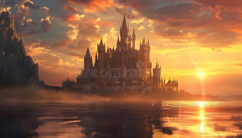 Fantasy castle at sunset stock illustration. Illustration of landscape ...
