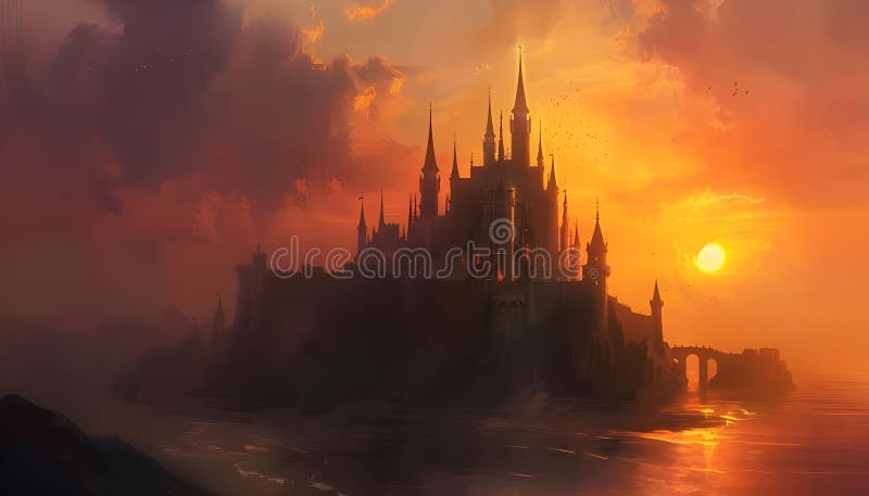 Fantasy castle at sunset stock illustration. Illustration of mountain ...