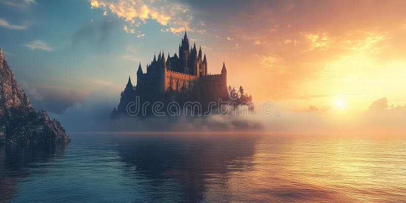Fantasy Castle Sunset Magical Landscape Artwork Stock Illustration ...
