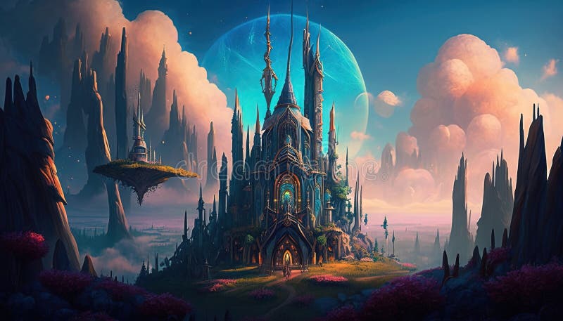 A Fantasy Castle Surrounded by Mountains and Trees in the Sky. Stock ...