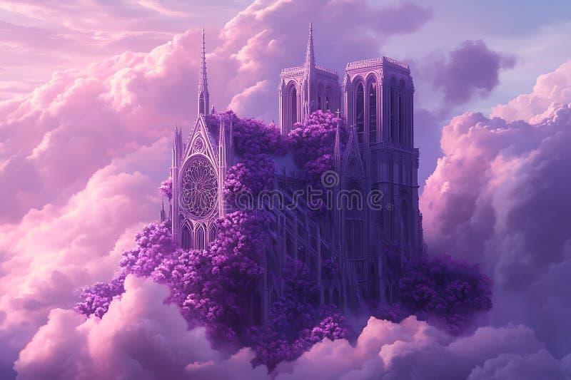 Fantasy Cathedral Amidst Pink Clouds, Medieval Architecture, Dreamlike ...