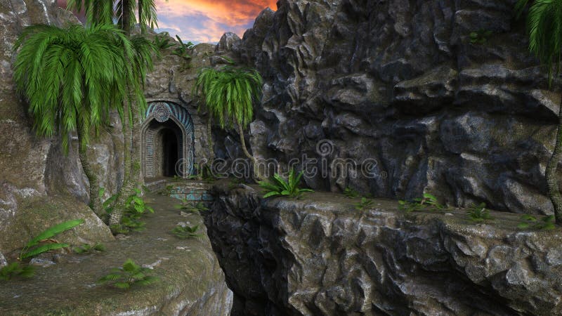 Fantasy Cave Entrance Build into the Side of a Mountain. 3D Rendered ...