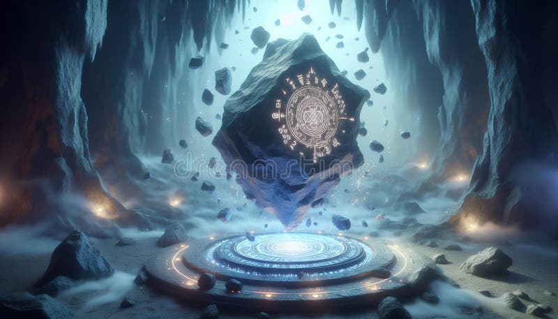 Fantasy Cave with Hovering Rune Stone Stock Illustration - Illustration ...