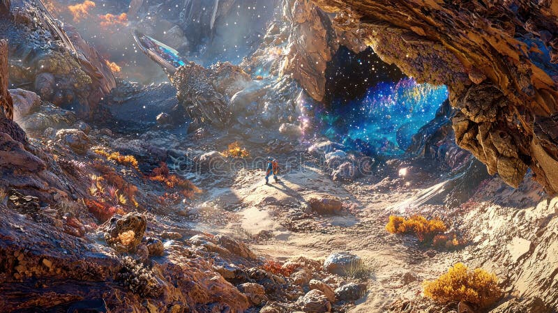 Person Exploring a Vibrant Alien Cave Landscape Stock Image - Image of ...