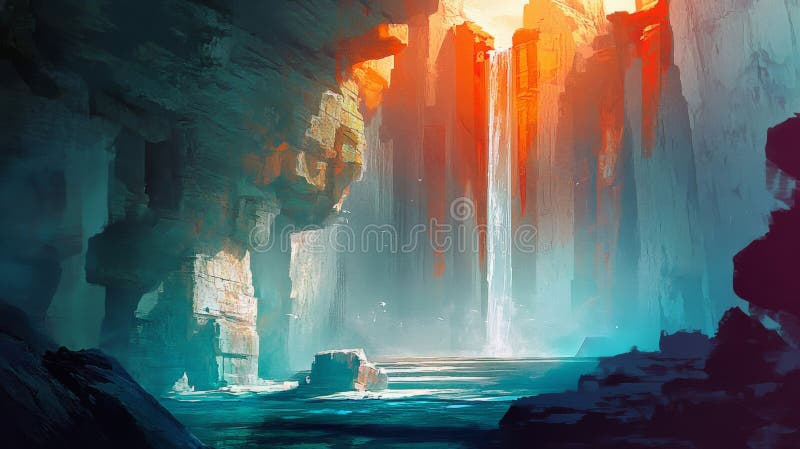 Fantasy Cave Waterfall Landscape Digital Painting Stock Illustration ...