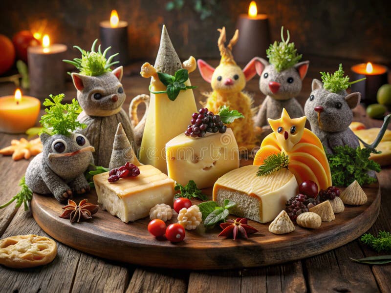 A Fantasy Cheese Board Featuring Magical Cheese Creatures Stock ...