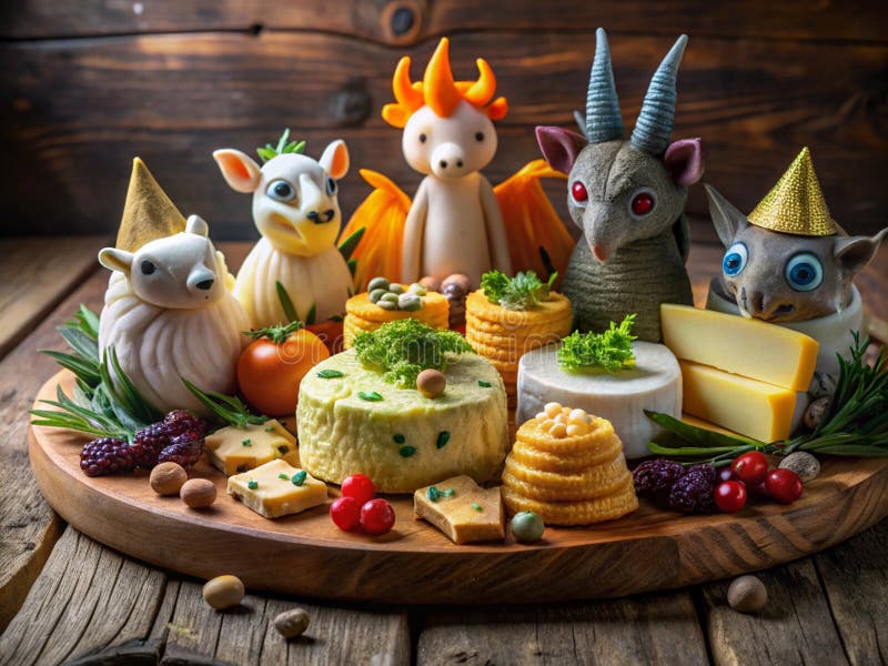 A Fantasy Cheese Board Featuring Magical Cheese Creatures Stock ...