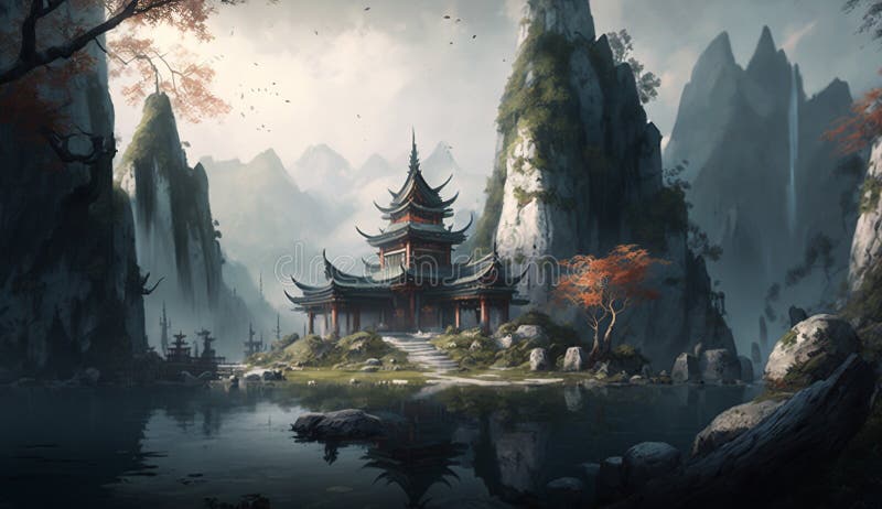 Fantasy Chinese Castle Behind Mountain Background Stock Illustration ...