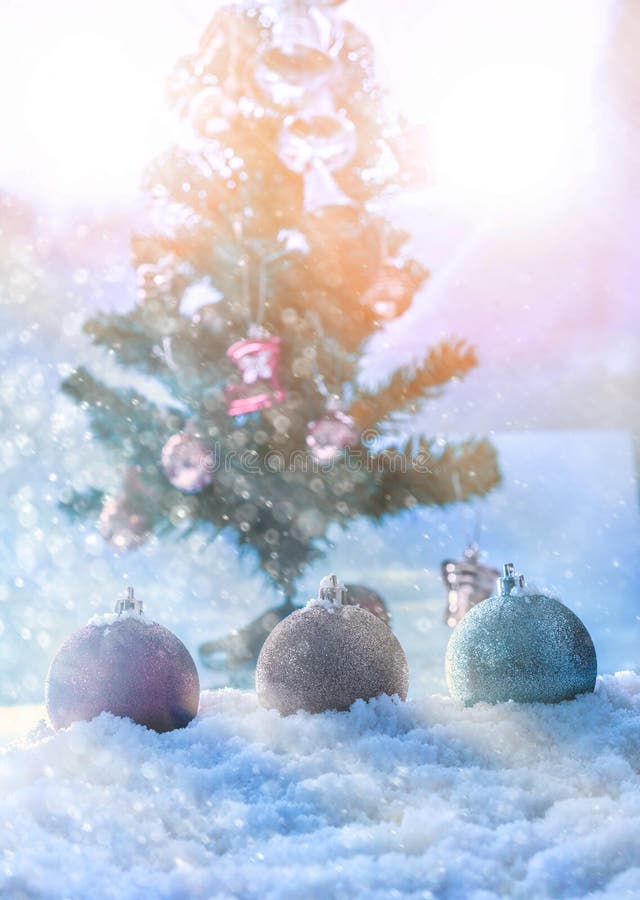Fantasy Chrismas Ball on Snow with Chrismas Tree Abstract Background ...