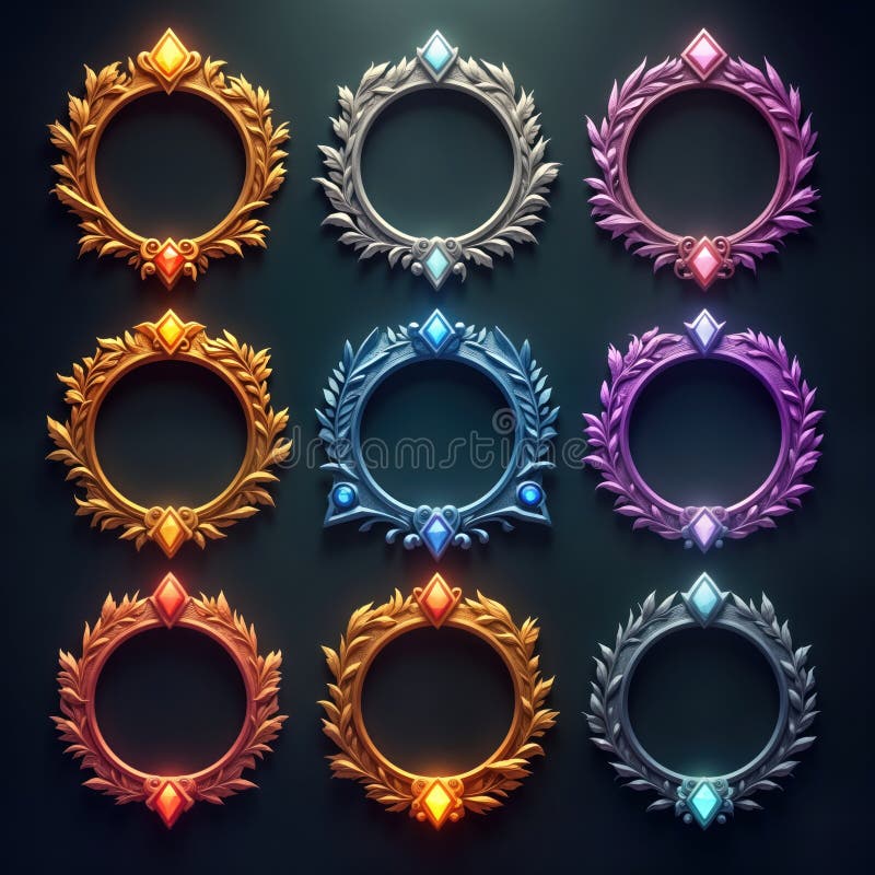 Fantasy Circle Frames with Ornamental Leaves, Gems. Decorative Game ...