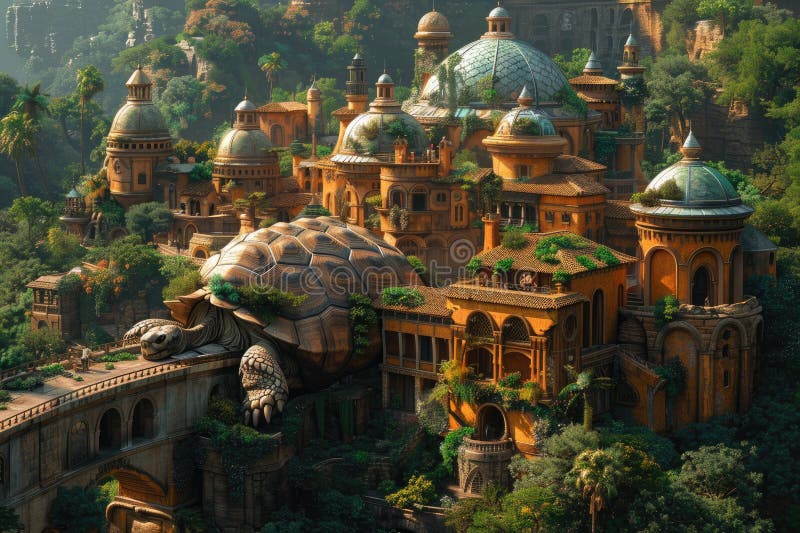 Giant Tortoise Supporting a Fairytale City, Magical Architecture on a ...