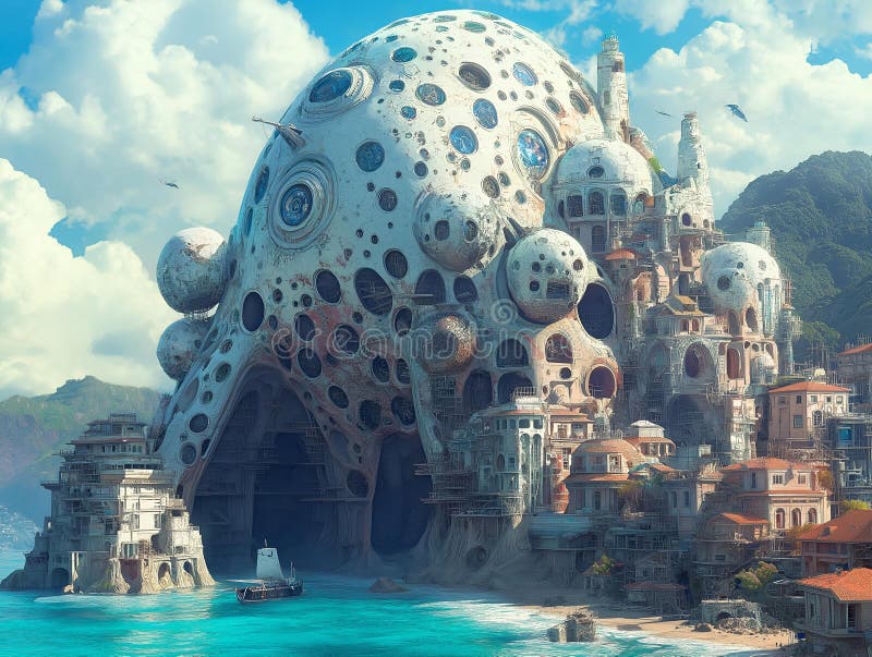 Fantasy City on Island, Unique Architecture, Ocean View, Cloudy Sky ...