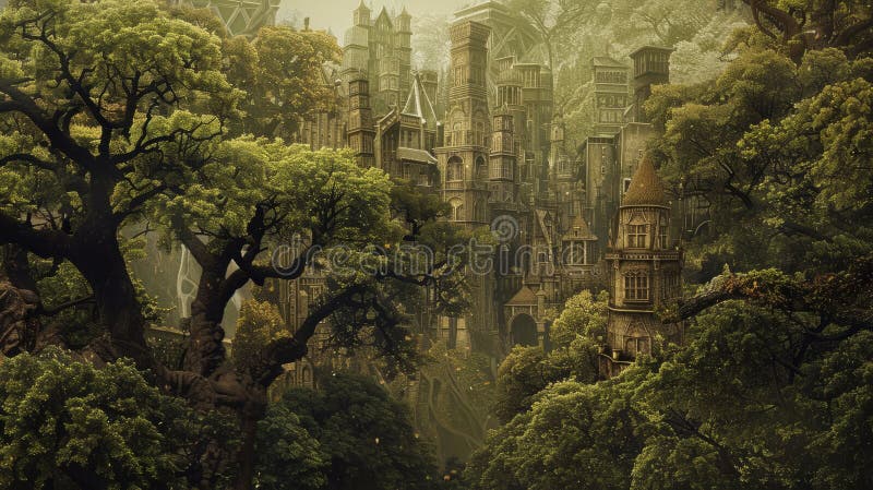 Fantasy city of trees stock illustration. Illustration of technology ...