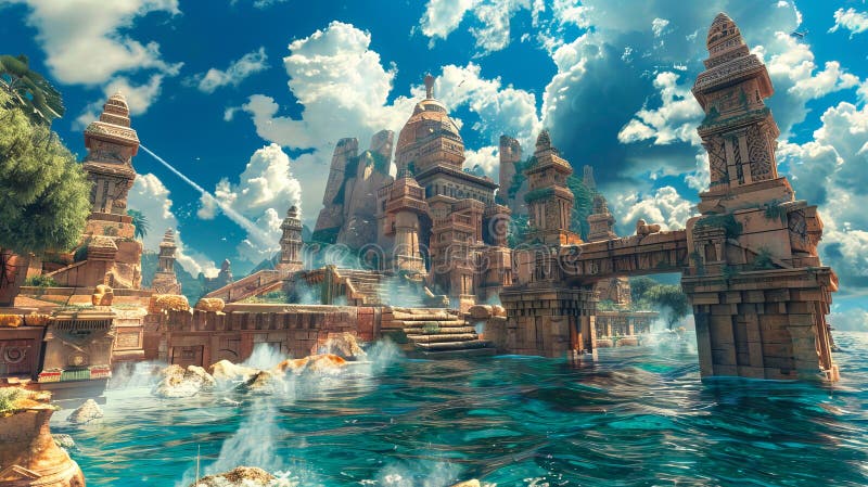 A Fantasy City with Water and Mountains Stock Photo - Image of cloud ...