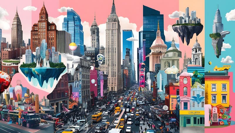 Fantasy Cityscape a Collage of Floating Islands and Busy Streets Stock ...