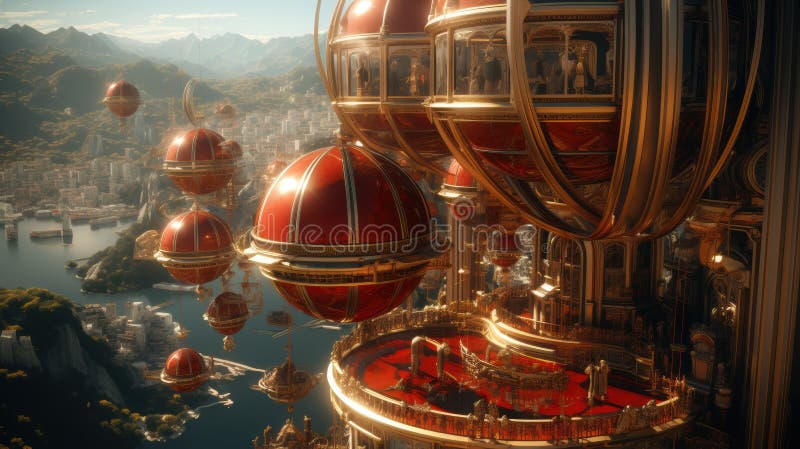 A Fantasy Cityscape with Floating Red Spherical Structures and ...