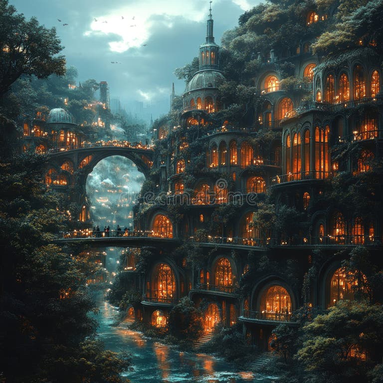 Fantasy Cityscape Illustration with Glowing Windows and a River Stock ...