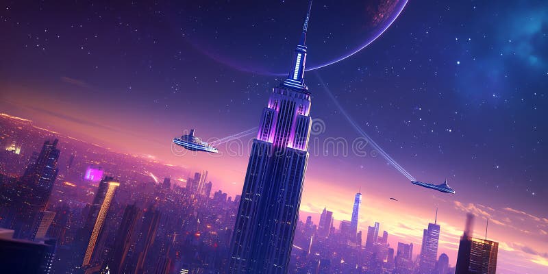 Fantasy Cityscape Night Sky Art Stock Illustration - Illustration of ...
