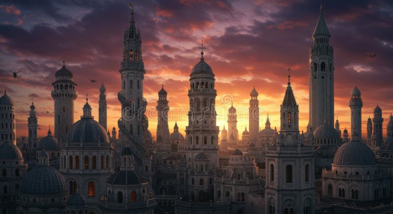 Fantasy Cityscape at Sunset with Stone Towers Stock Illustration ...