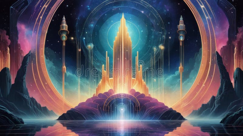 A Fantasy Cityscape with Towering Structures and Glowing Orbs Stock ...