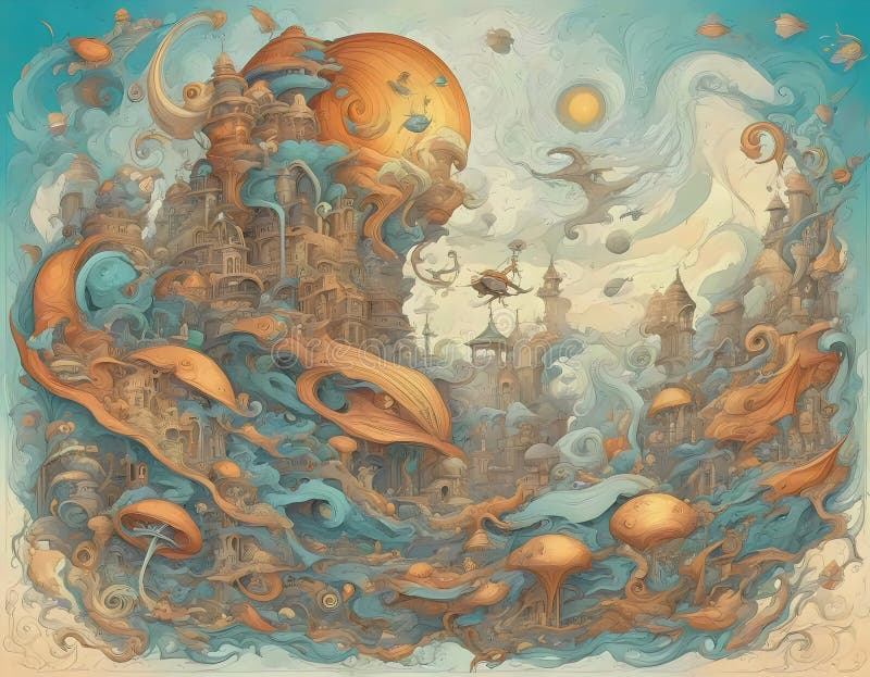 Fantasy Cityscape with Whimsical Flying Creatures and Architecture ...