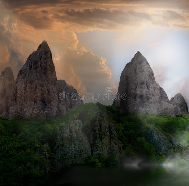 Fantasy cliff stock photo. Image of sunrise, mountain - 27697526