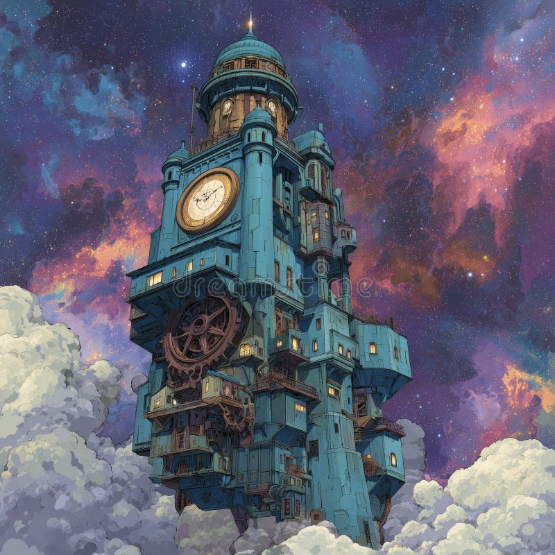 Fantasy Clock Tower Floating in the Sky with Stars and Nebula Stock ...