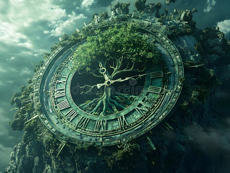 Fantasy Clock Tower with a Tree, Surreal Landscape Background Stock ...