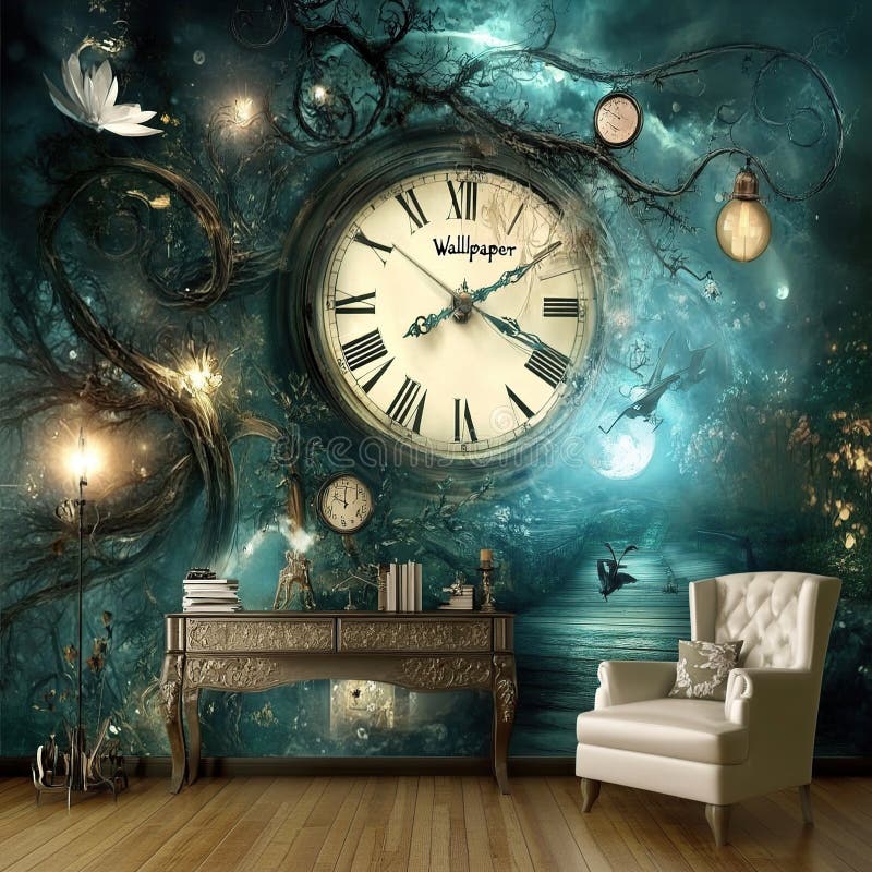 Fantasy Clock Wallpaper Mural in Teal Room Stock Image - Image of ...