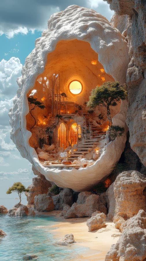 Fantasy Coastal Hideaway Inside a Cliffside Seashell Home Stock Photo ...