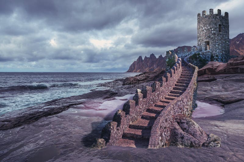 Fantasy coastal landscape stock illustration. Illustration of outdoor ...