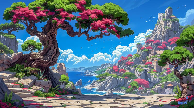 Fantasy Coastal Landscape with Vibrant Trees and Castles Stock ...