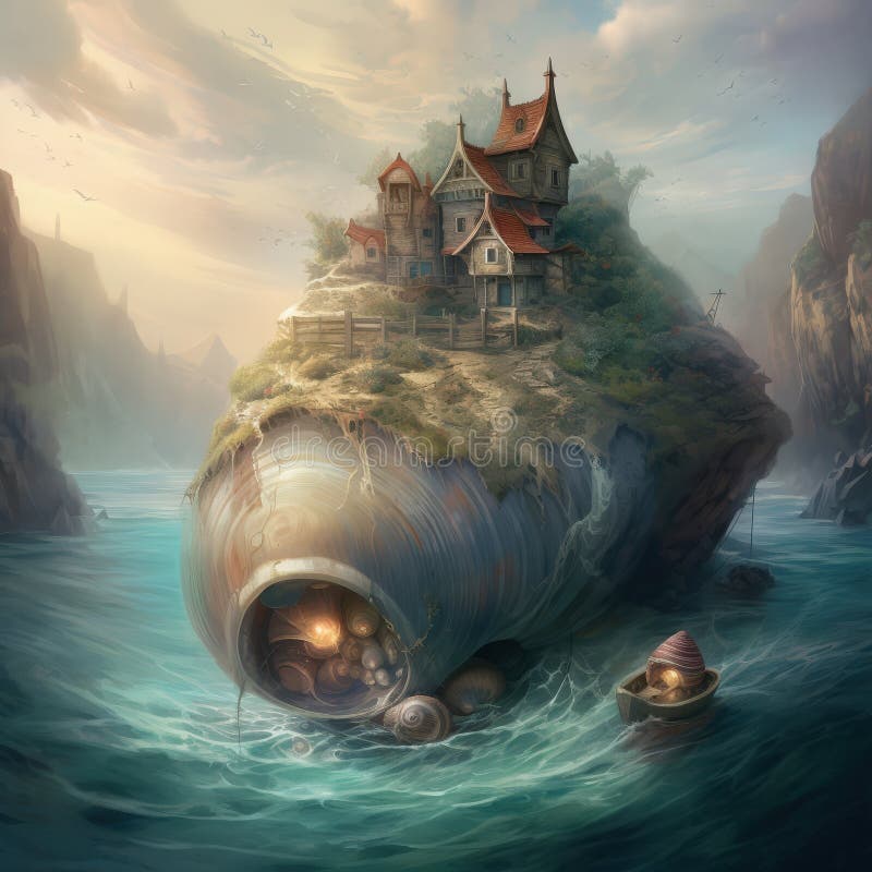 Fantasy Coastal Village on a Giant Shell Stock Image - Image of serene ...