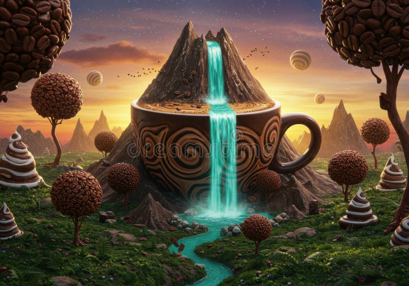 Fantasy Coffee Landscape with Cup Mountain and Waterfall at Sunset ...