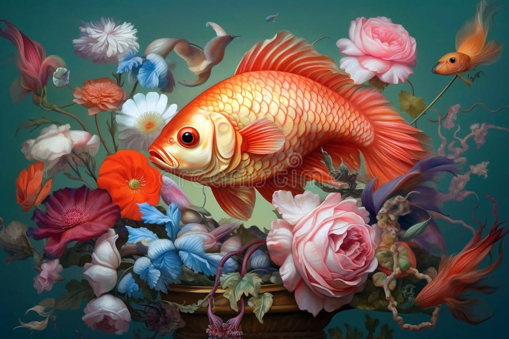 Fantasy Collage with Fish and Flowers, Generative Ai Stock Illustration ...
