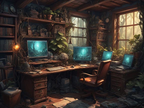 Fantasy Computer Workplace Illustration - Generate by Ai Stock ...