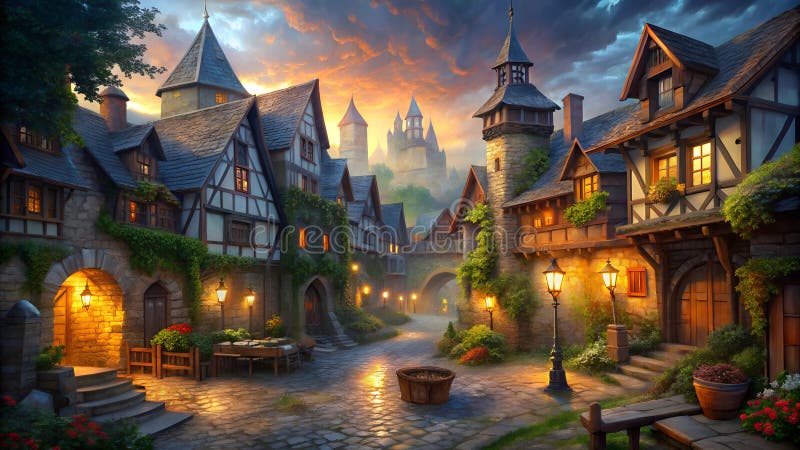 Fantasy on a Corner in a Medieval Ghost Town Stock Illustration ...