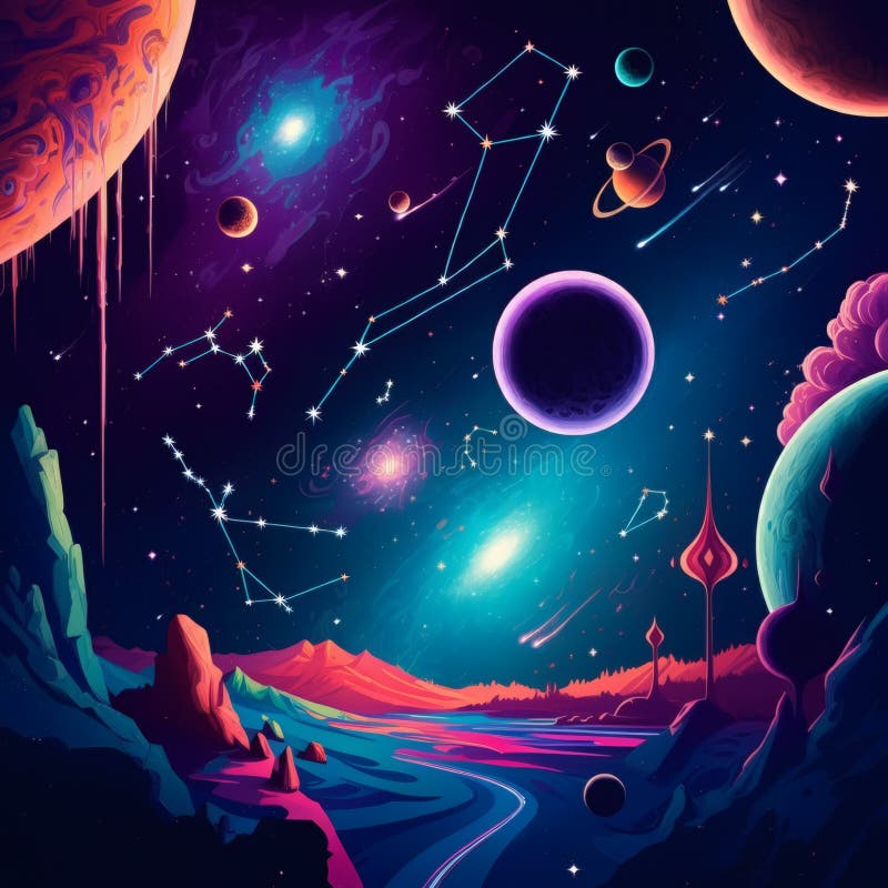 Fantasy Cosmic Space Scene with Glowing Planets Constellations and ...