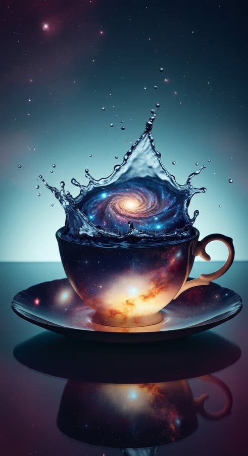 Fantasy Cosmic Splash in Teacup: Galaxy and Water Collision Surreal ...