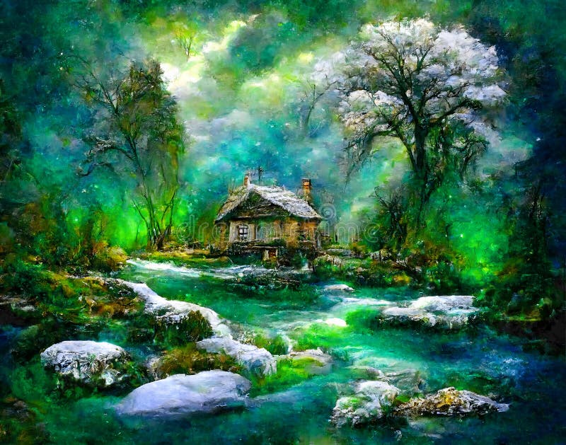 Fantasy Cottage in Springtime Landscape with Blossom Flower. Generative ...
