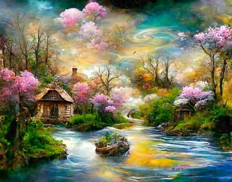 Fantasy Cottage in Springtime Landscape with Blossom Flower. Generative ...