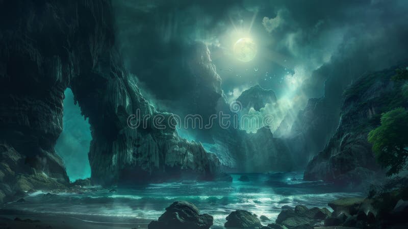 A Fantasy Cove with Hidden Treasure Illuminated by Moonlight Piercing ...