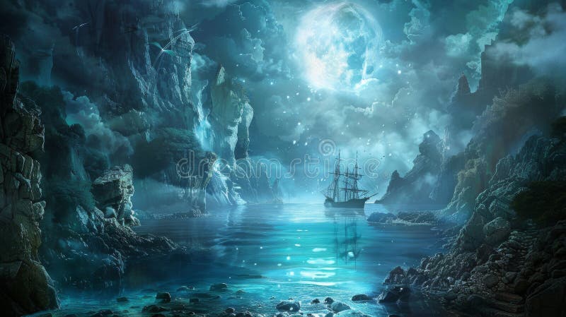 A Fantasy Cove with Hidden Treasure Illuminated by Moonlight Piercing ...