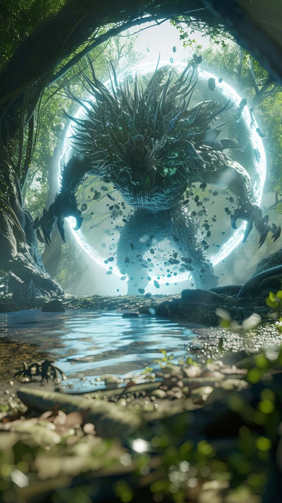 A Fantasy Creature Emerging from a Ripple Portal Stock Illustration ...