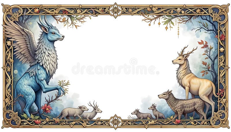 Fantasy Creature Frame with Griffin and Deer Illustration for Creative ...