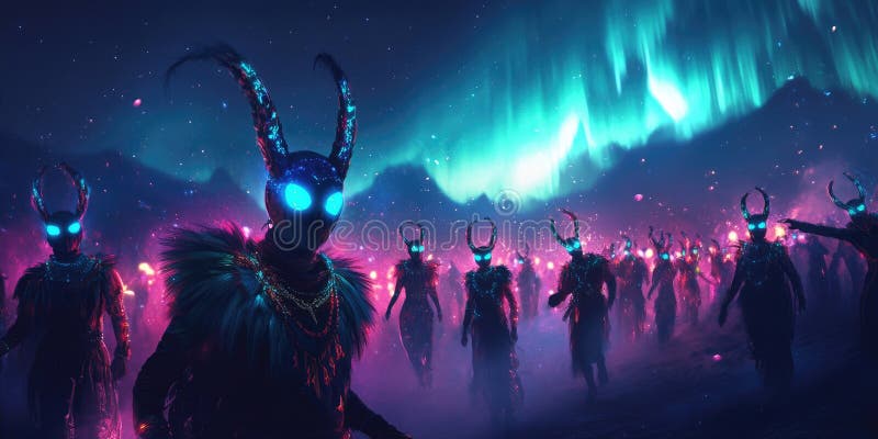 Fantasy Creatures Dark Figures Under Aurora Borealis Stock Illustration ...