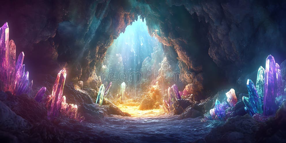 Fantasy Crystal Cave Background Image: Magical Glowing Gems Stock ...