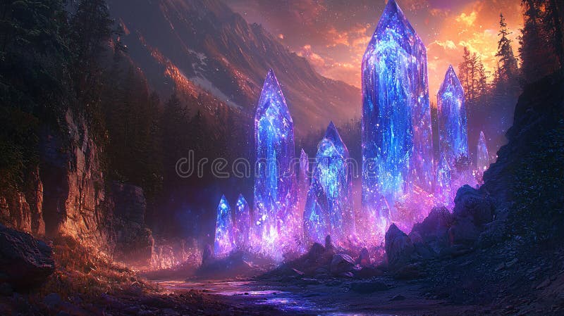 Fantasy Crystal Valley stock illustration. Illustration of mountain ...