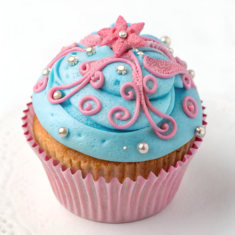 Fantasy Cupcake with Blue Icing and Pink Decor Isolated on White ...